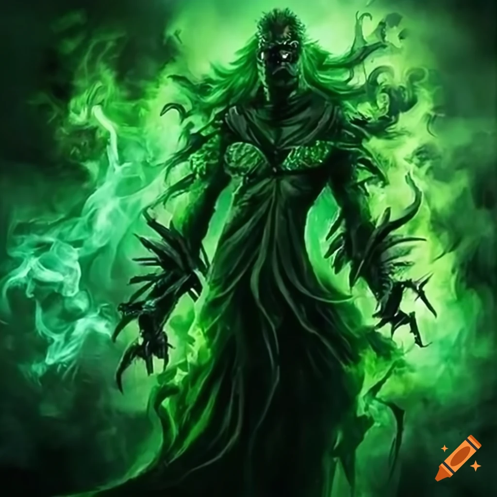 Green smoke demon with dark magic and sinister look in a fantasy ...