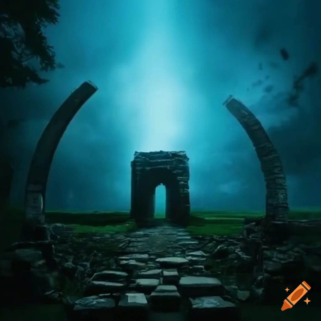 Ancient ruins with open portal to space on Craiyon