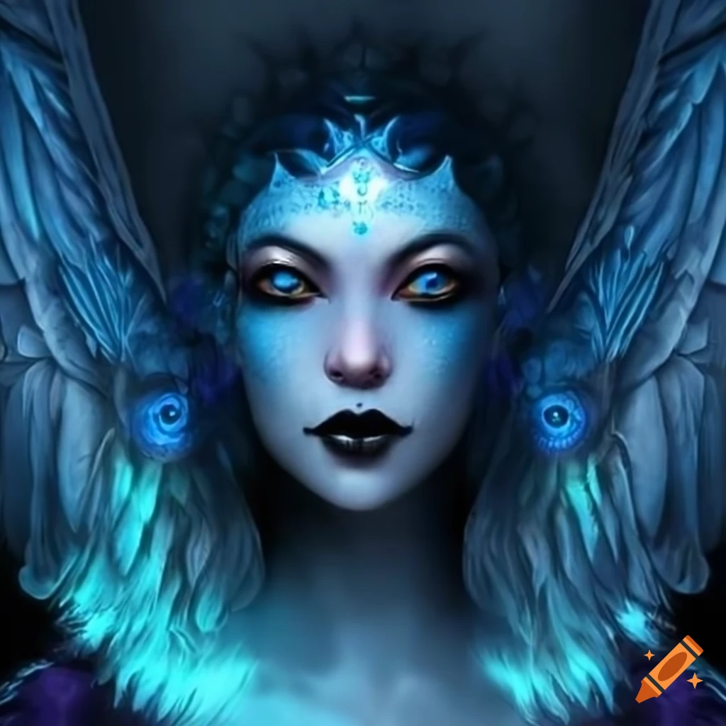 Ethereal queen with vulture wings, dark skin, blue hair, and striking ...