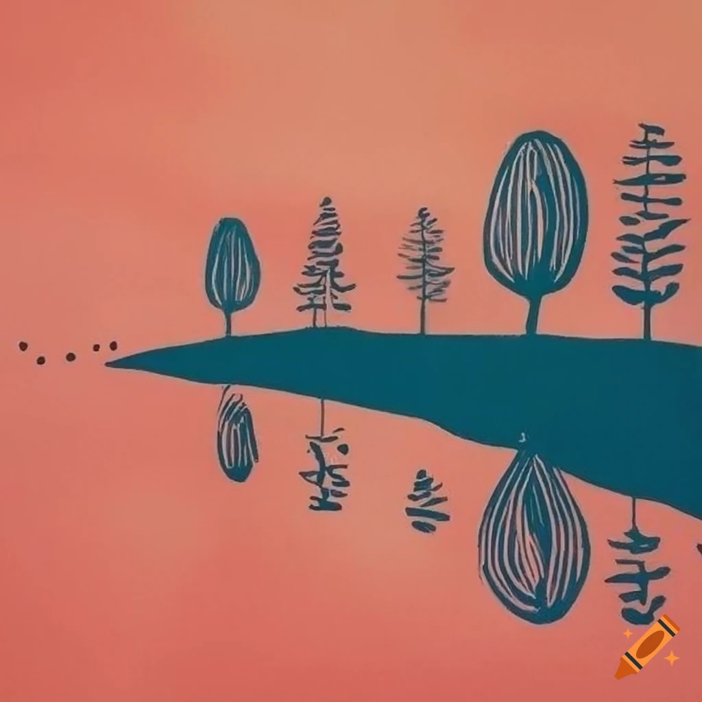 Miro river and trees in a minimalist linocut style on Craiyon