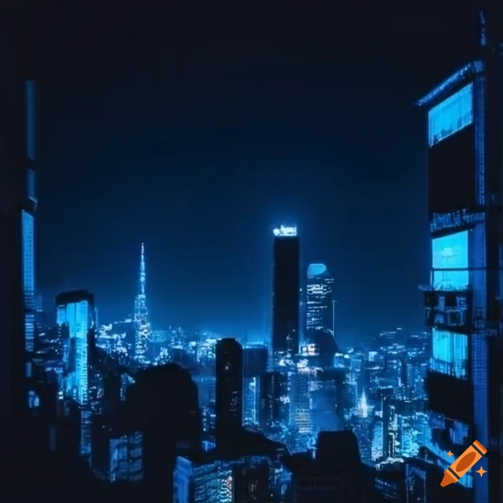 Cyberpunk cityscape at night with blue tones on Craiyon