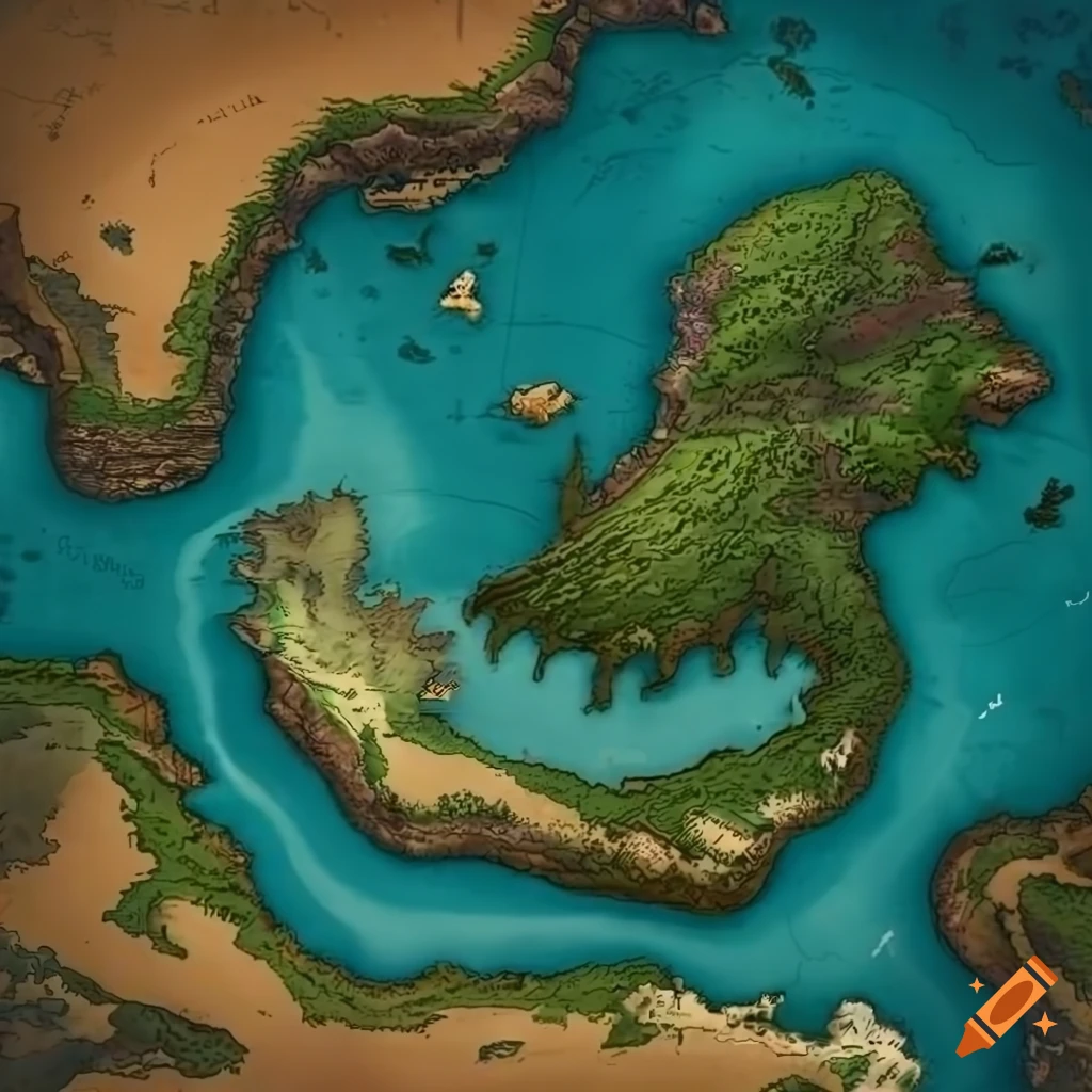 Detailed fantasy world map with lakes, mountains, and continents on Craiyon
