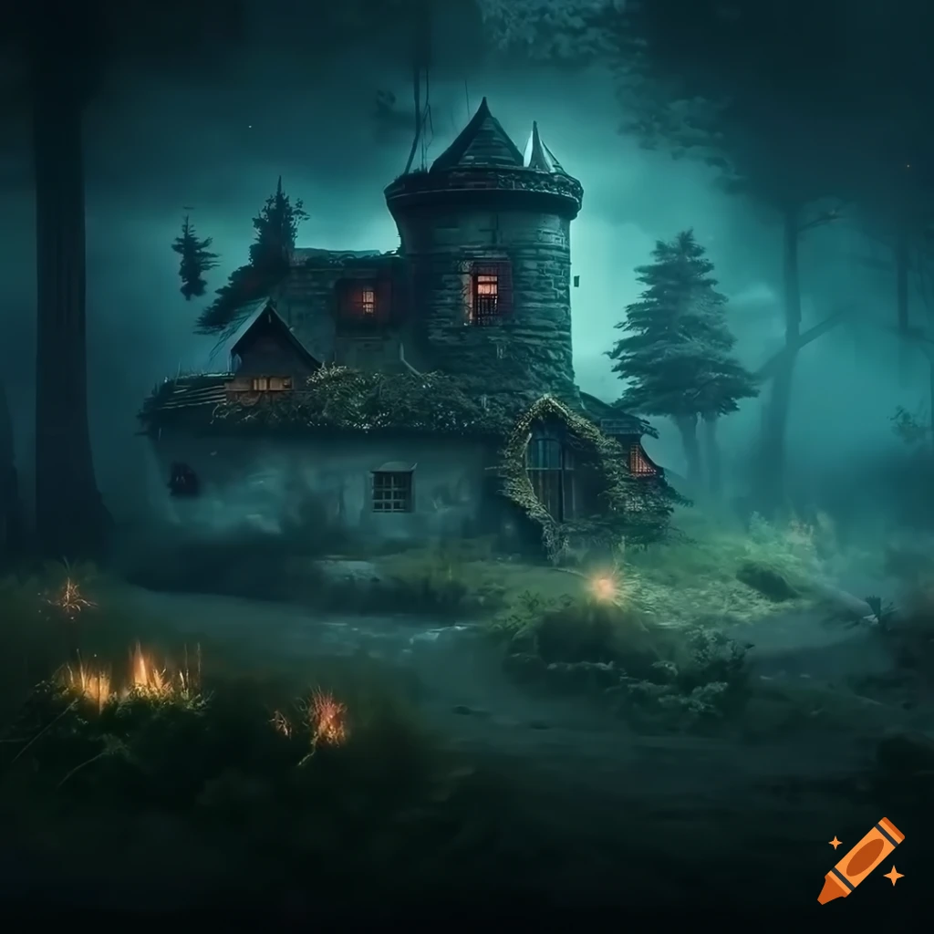 Post-apocalyptic dark fantasy underdark themed small castle house in a ...