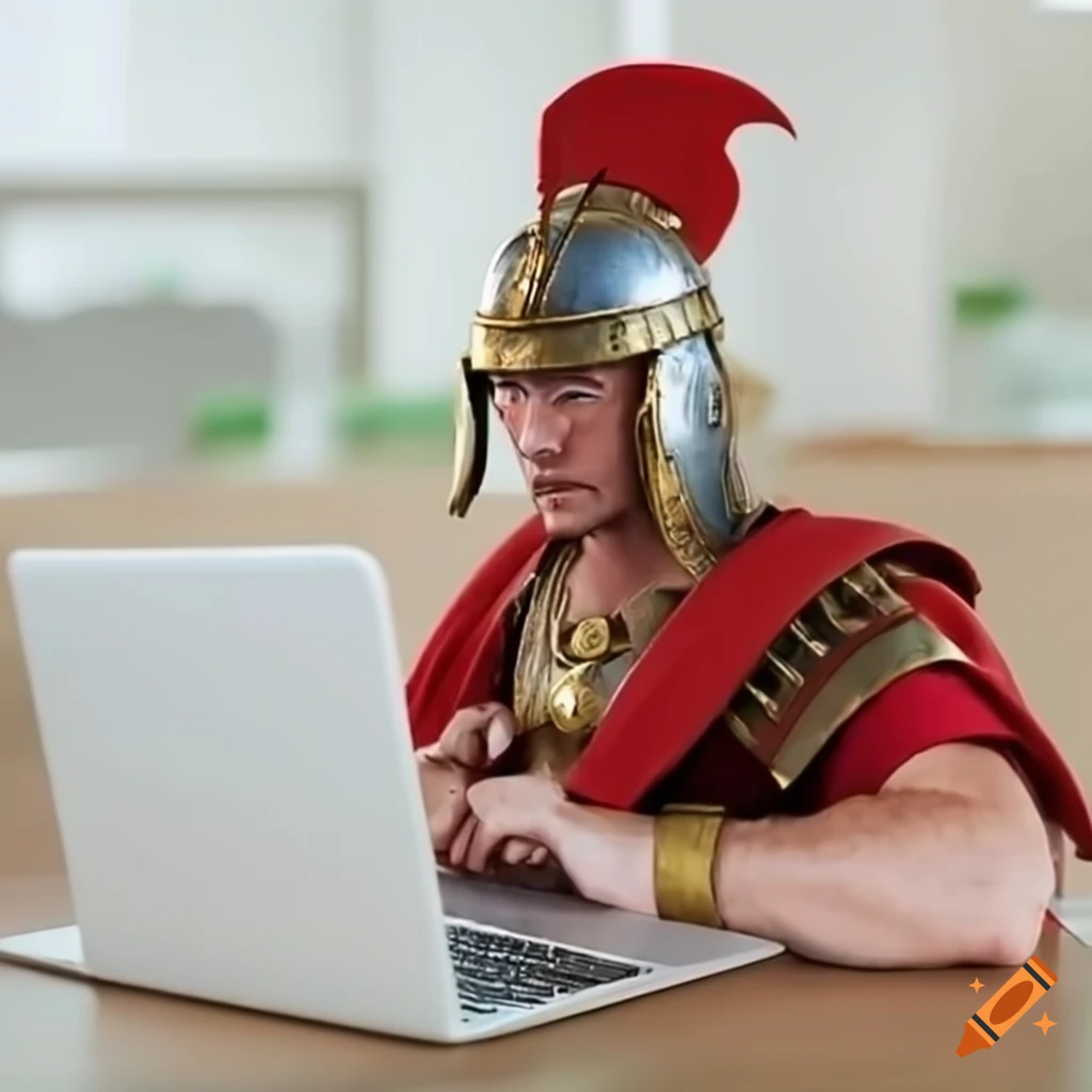 Roman centurion using a modern apple laptop in a bright office on Craiyon