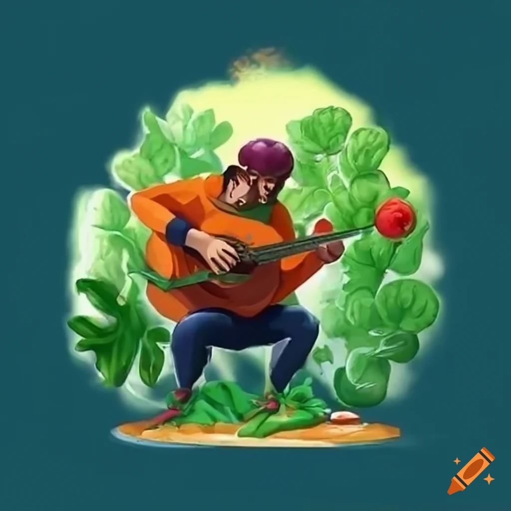 Vegetables playing guitar amidst flames on Craiyon