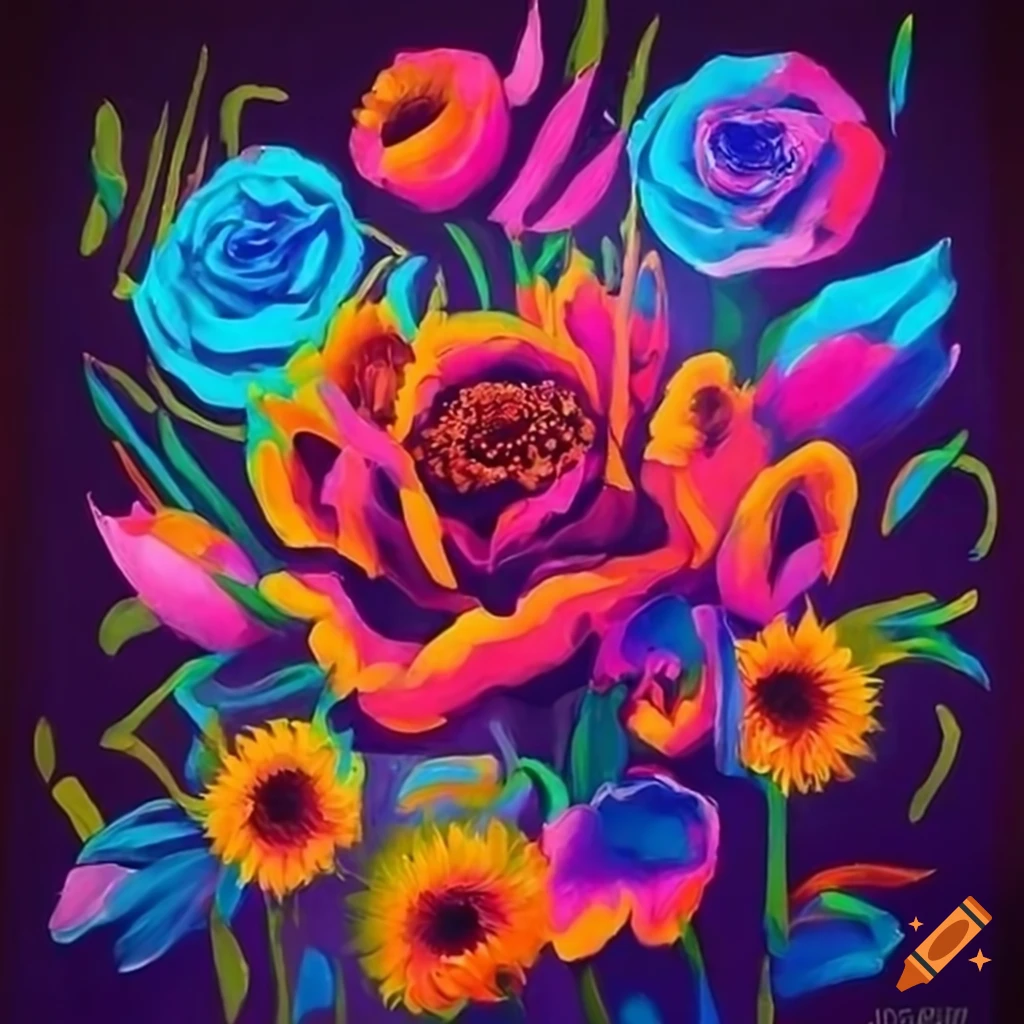 Neon garden with roses, sunflowers, marigolds, and hibiscus on Craiyon