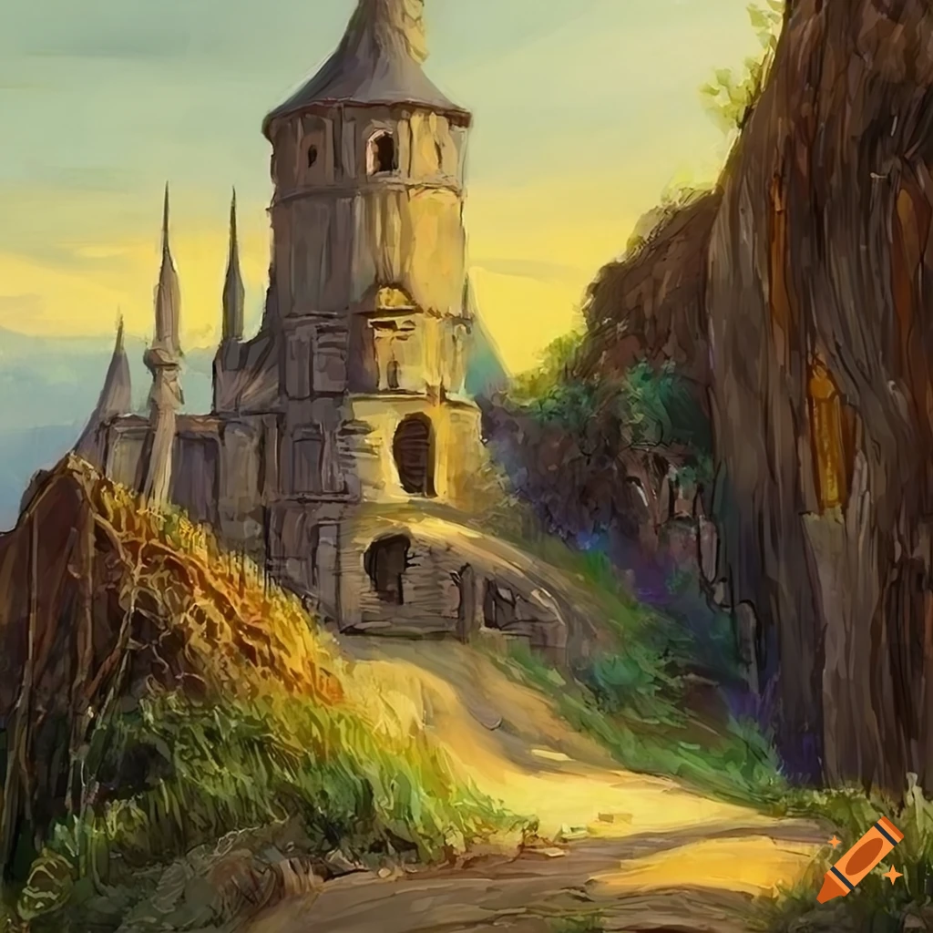 Wizard tower on magical hill ruins in studio ghibli style by james ...