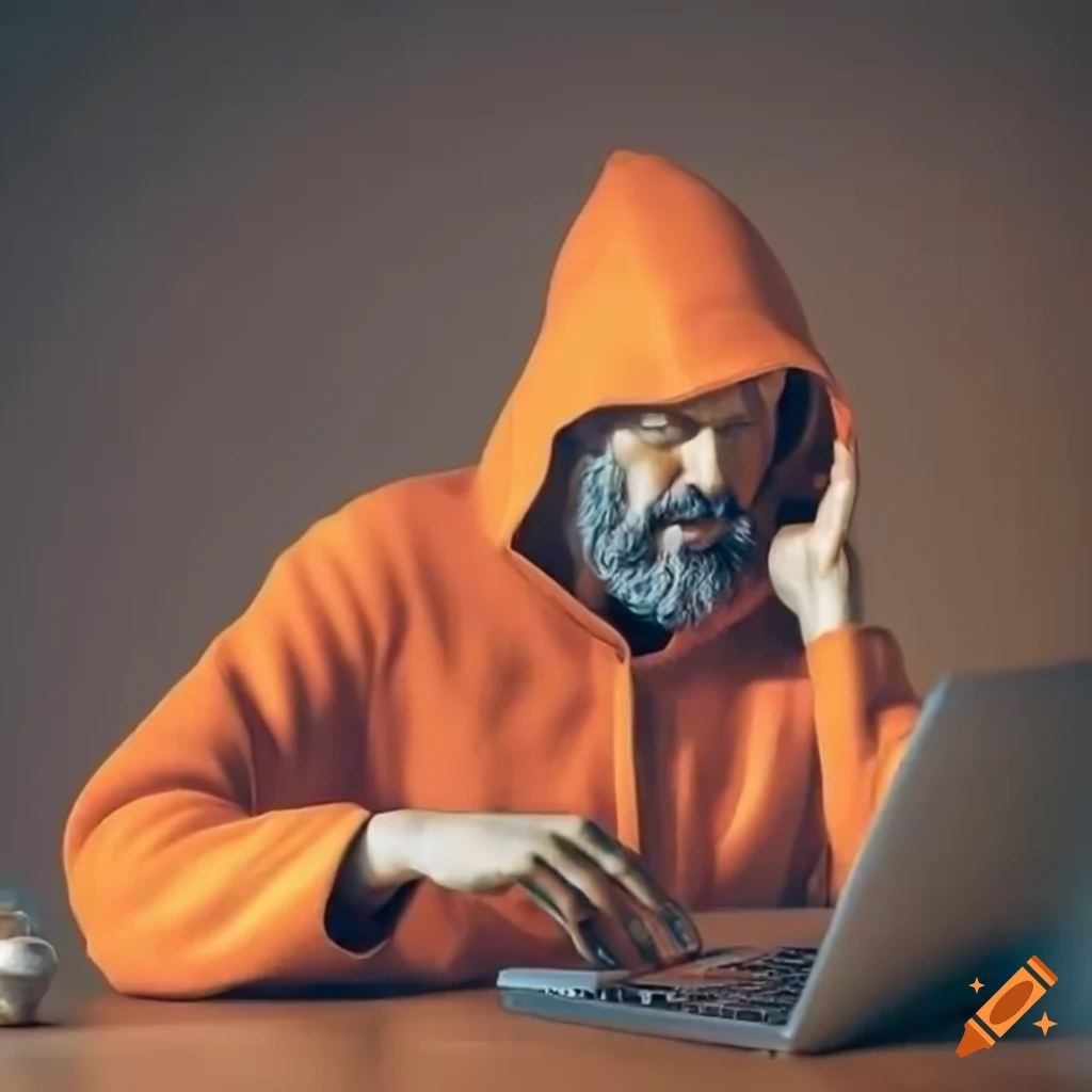 Statue of philosopher Socrates at desk with laptop wearing an orange ...
