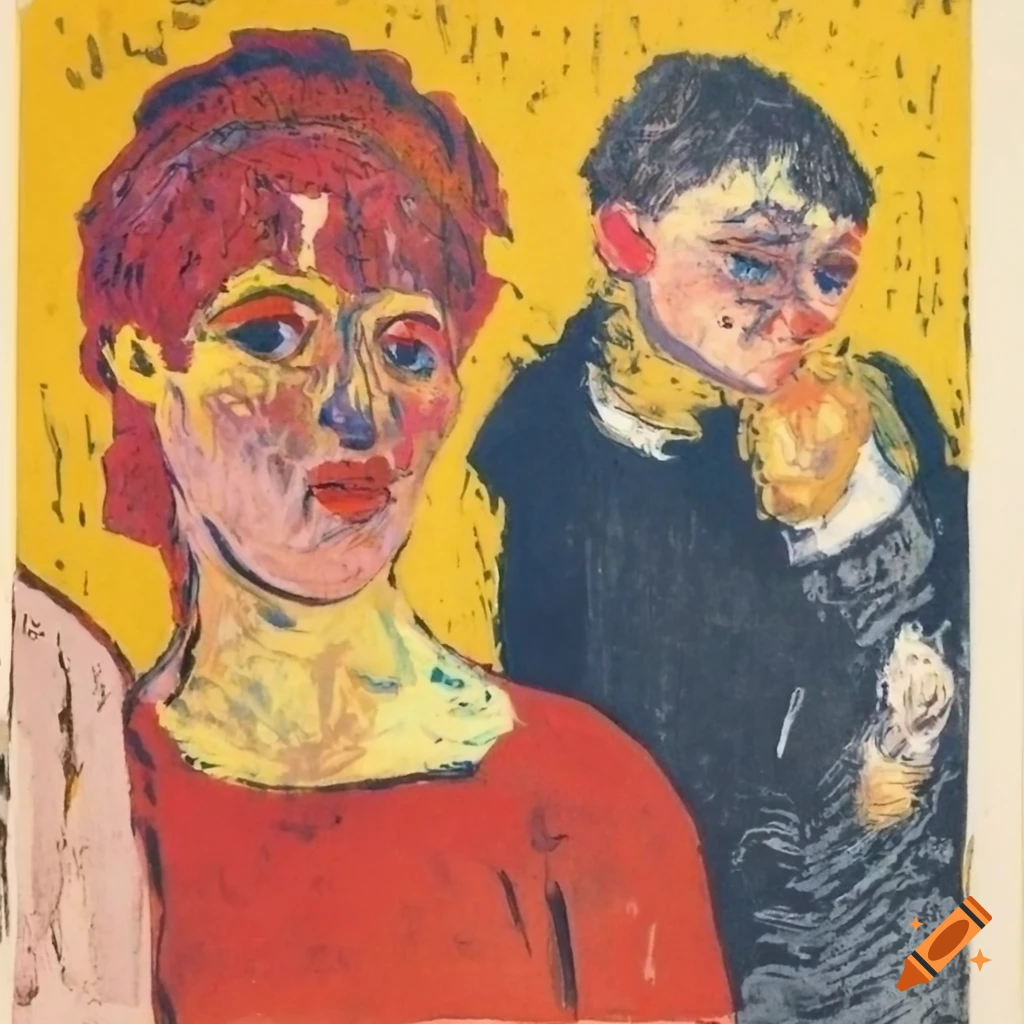 Lino print of people at a cafe in various art styles on Craiyon