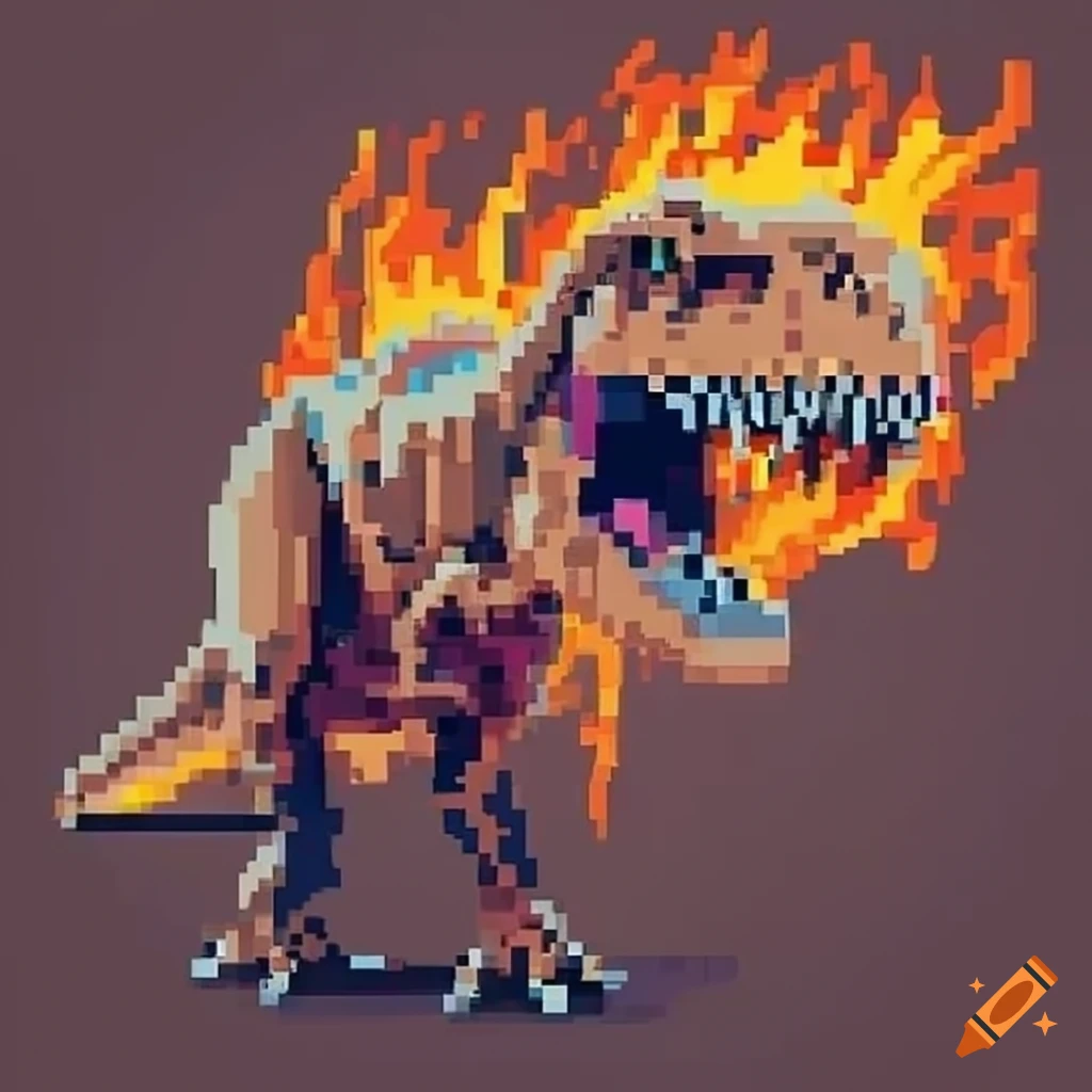 Pixel art of roaring t-rex amidst flames on Craiyon