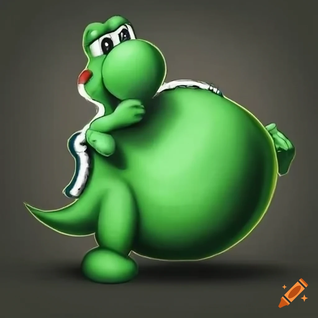 Vibrant green Yoshi character from Super Mario with amusing large belly ...
