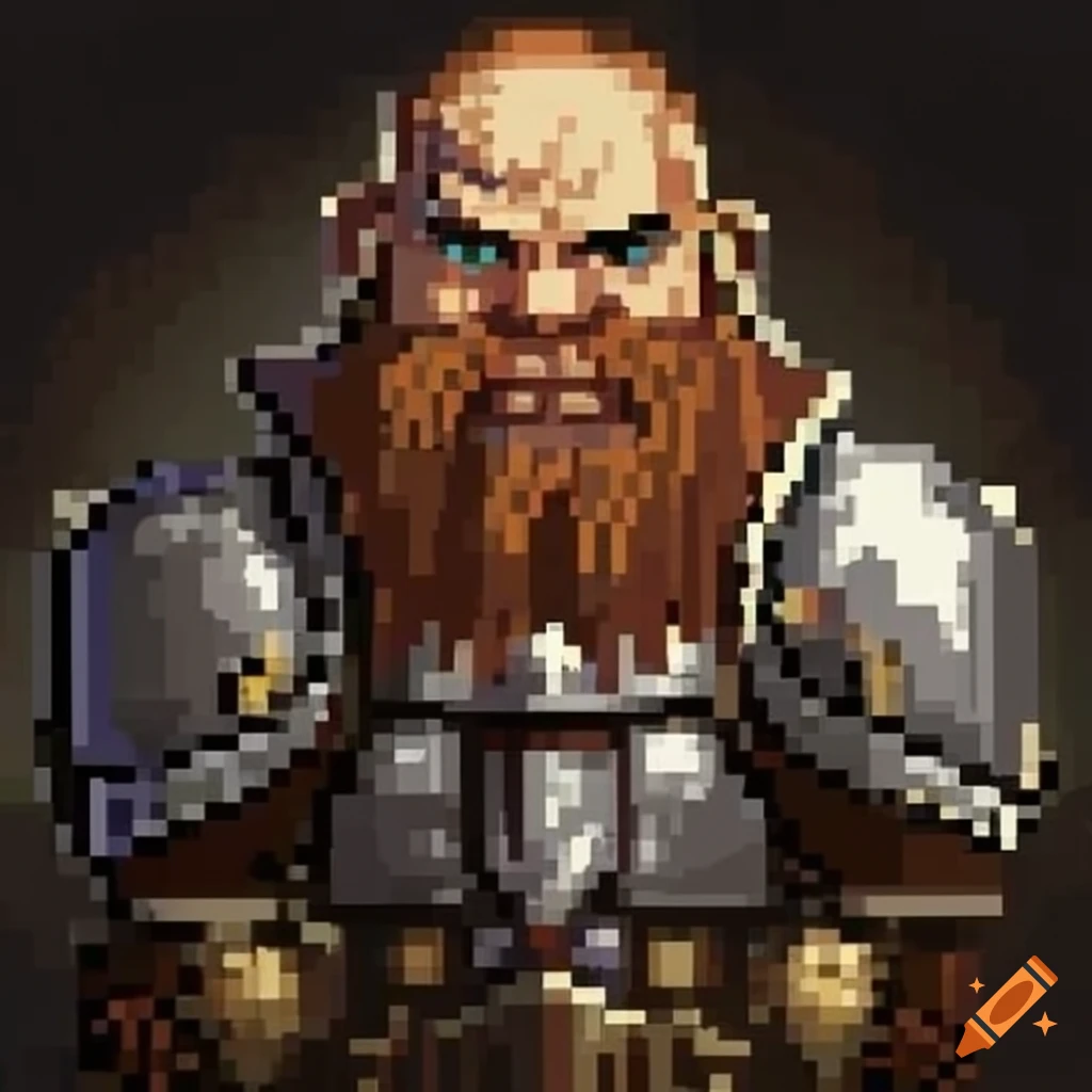 Pixel art portrait of a dwarf warrior in armor on Craiyon