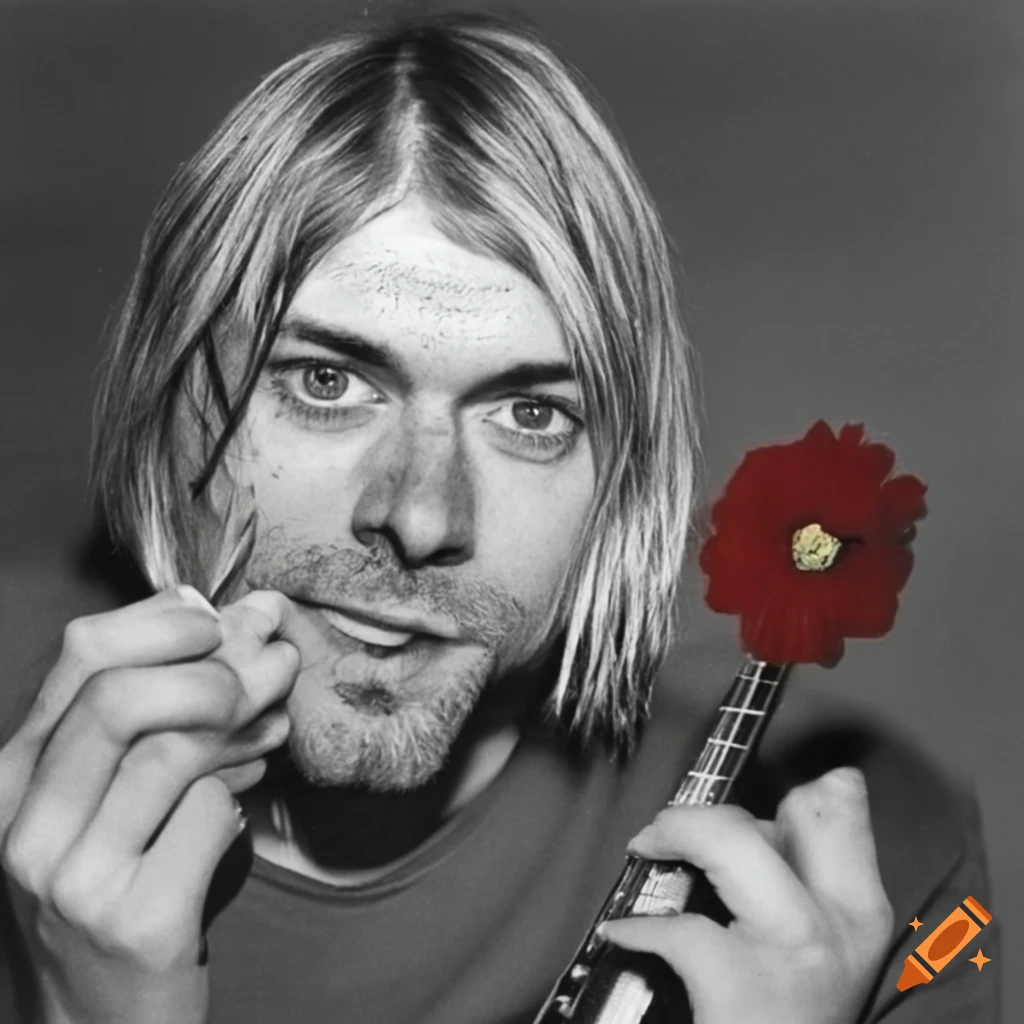 Kurt cobain holding a red flower and smiling on Craiyon