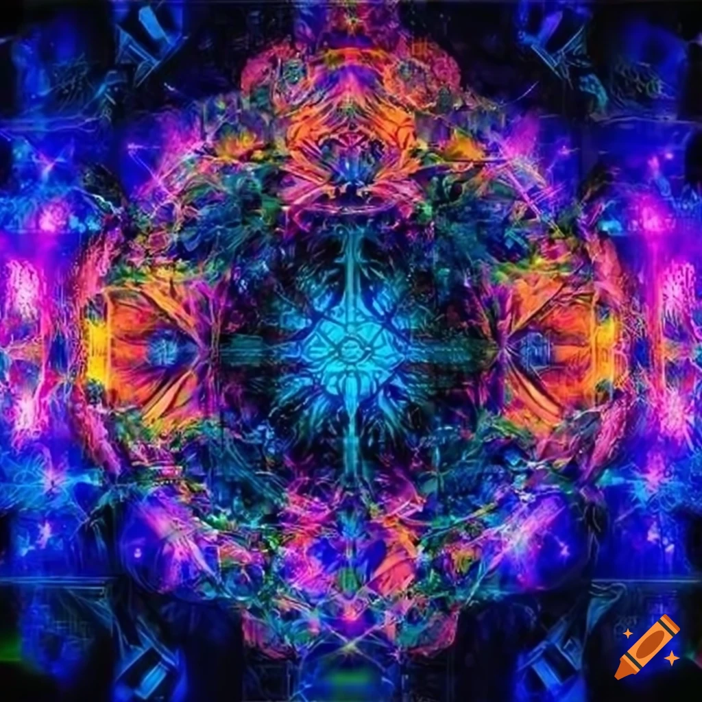 Digital art exhibit with sacred geometry glyphs and captivating ...