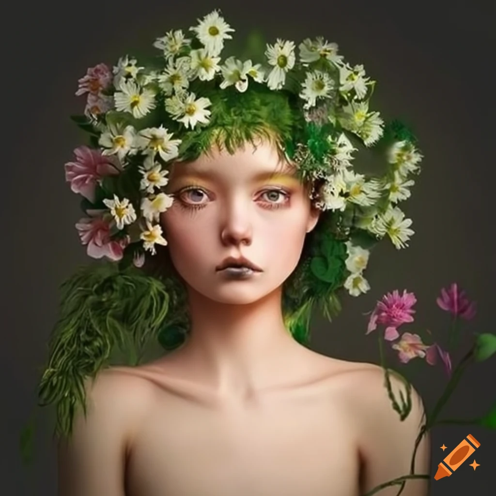 Human with flowers and plants as hair on Craiyon