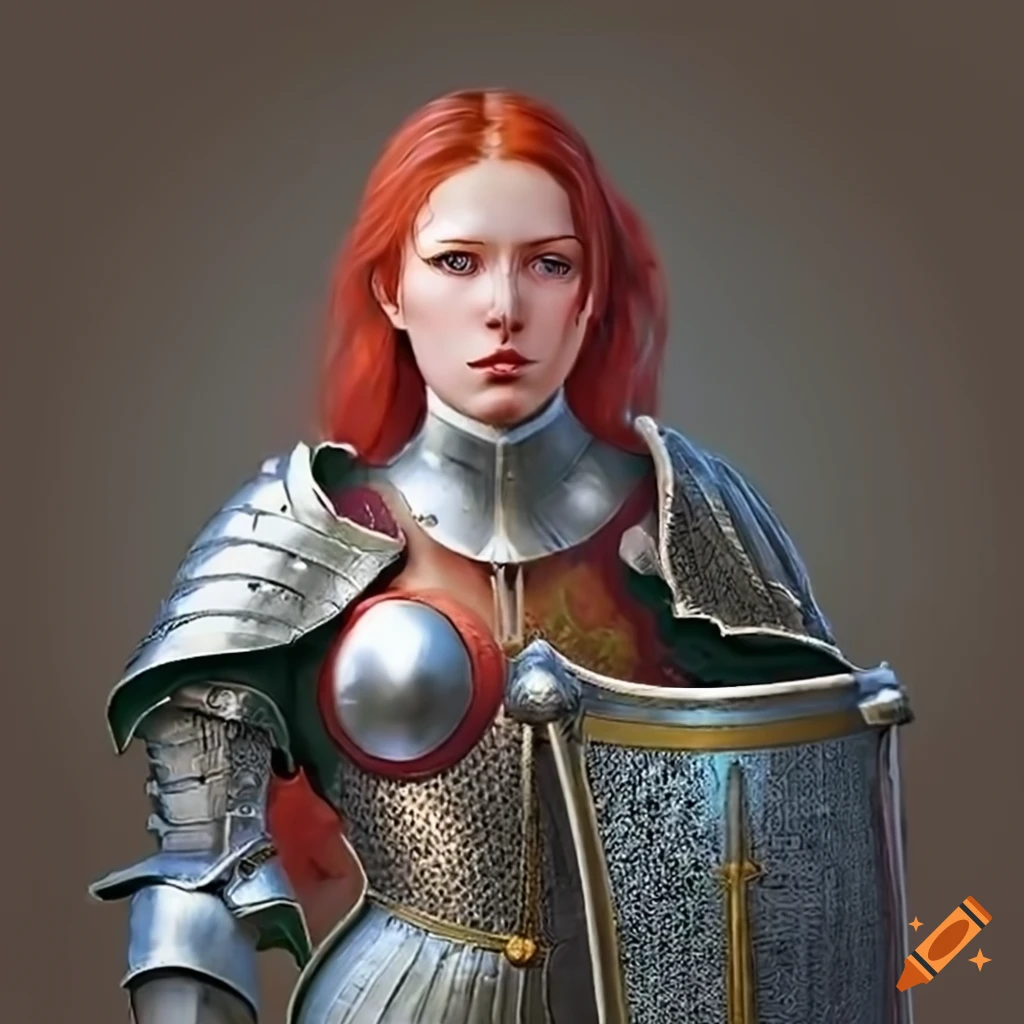 Female knight with red hair in silver armor holding sword and shield on ...