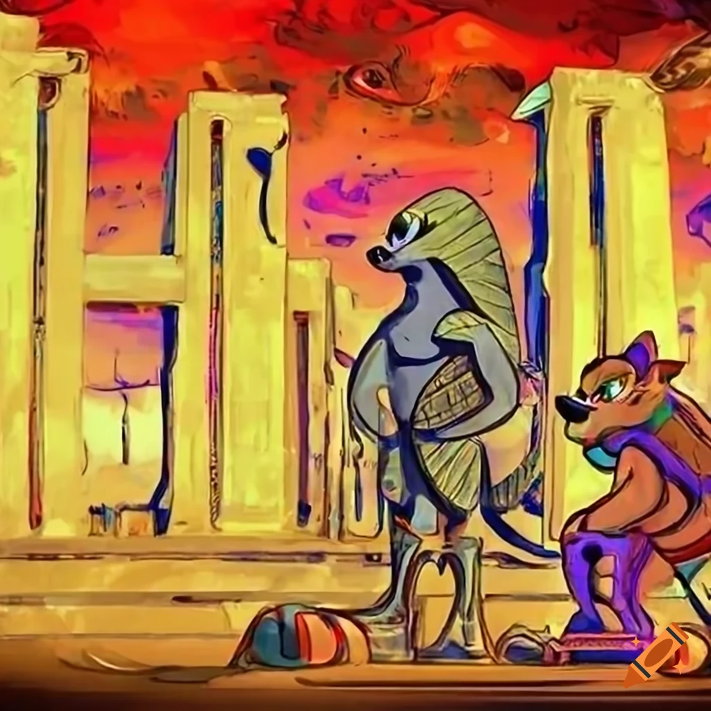 Anthro animals exploring an ancient egypt-like metal city on Craiyon