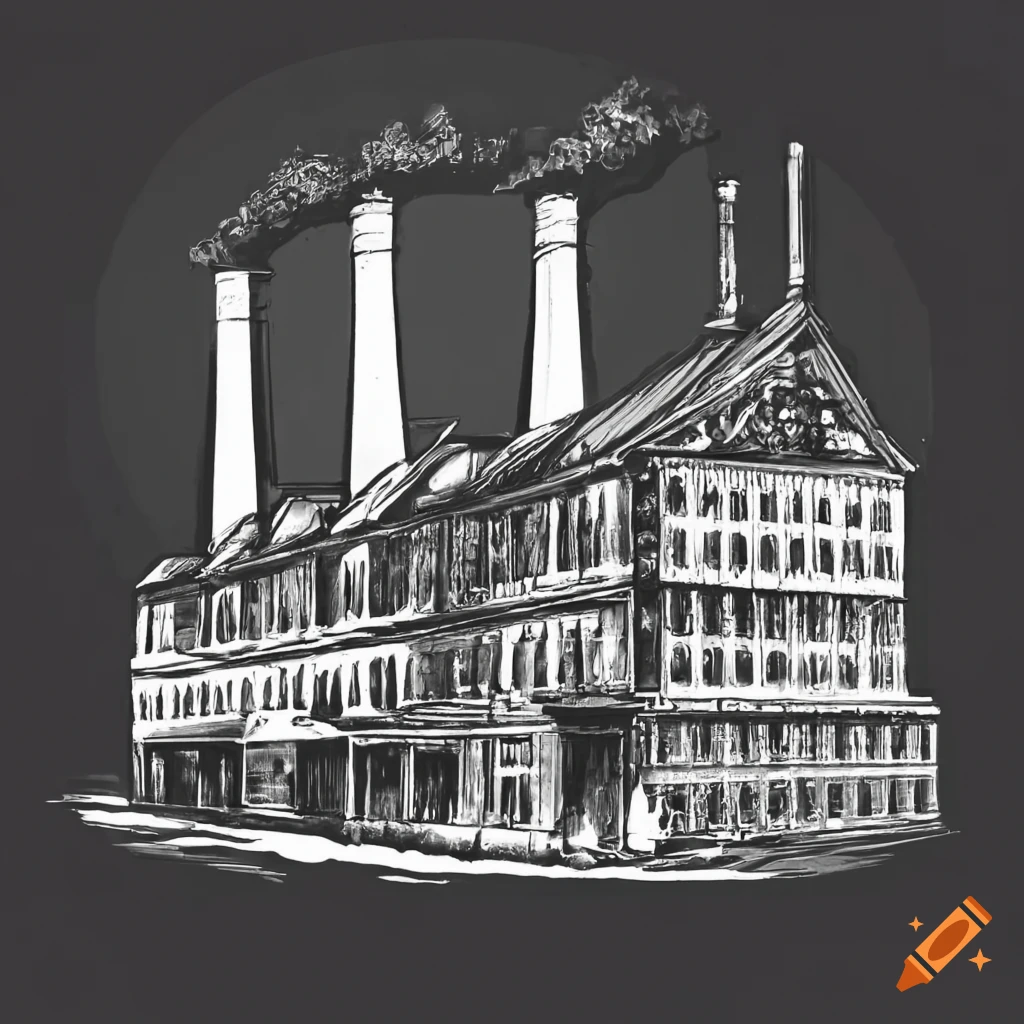 Victorian-era industrial factory with smokestacks in black and white on ...