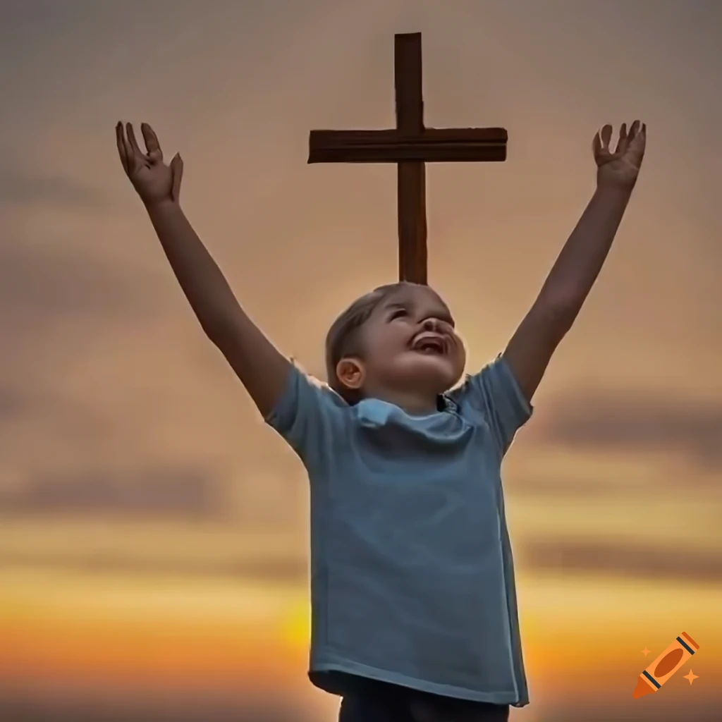 Happy child holding a cross in the sunlight surrounded by people on Craiyon