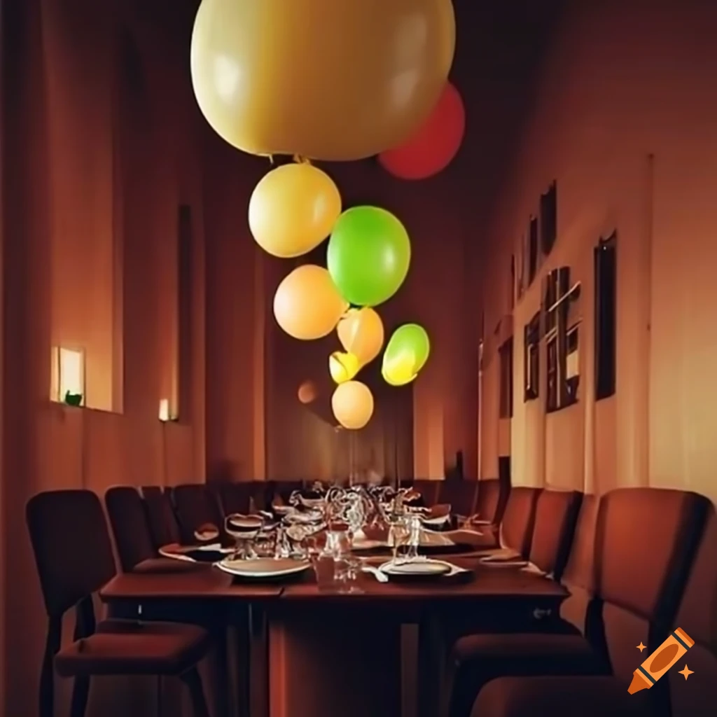 Long dining table in a restaurant with balloons on Craiyon
