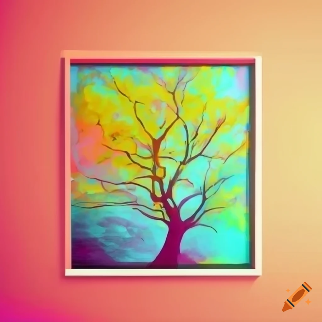 Minimalist abstract art of an oak tree with bright colors and ...
