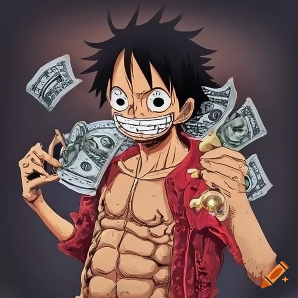 Monkey D. Luffy surrounded by dollars, bling, and finger rings on Craiyon