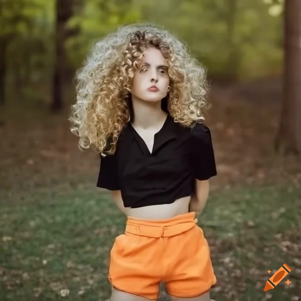 Young Jewish woman with curly blond hair in black blouse and orange ...