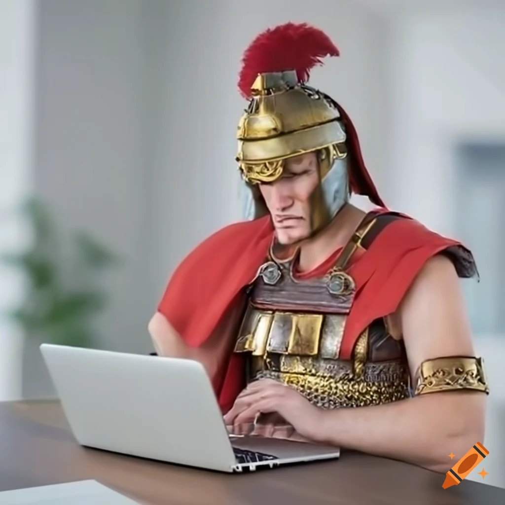 Roman centurion using a laptop in a bright office on Craiyon