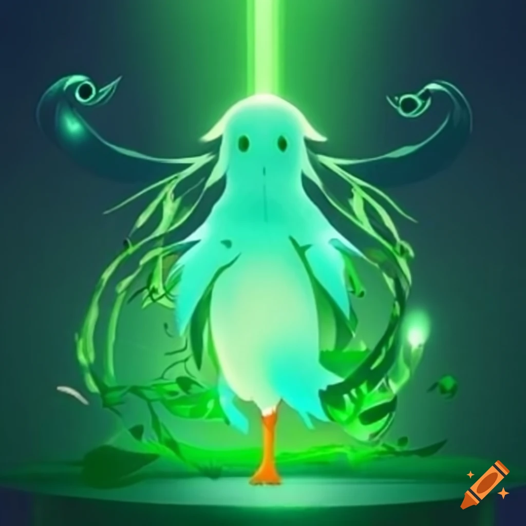 Bestial spirit of a goose made of green energy following an emerald ...
