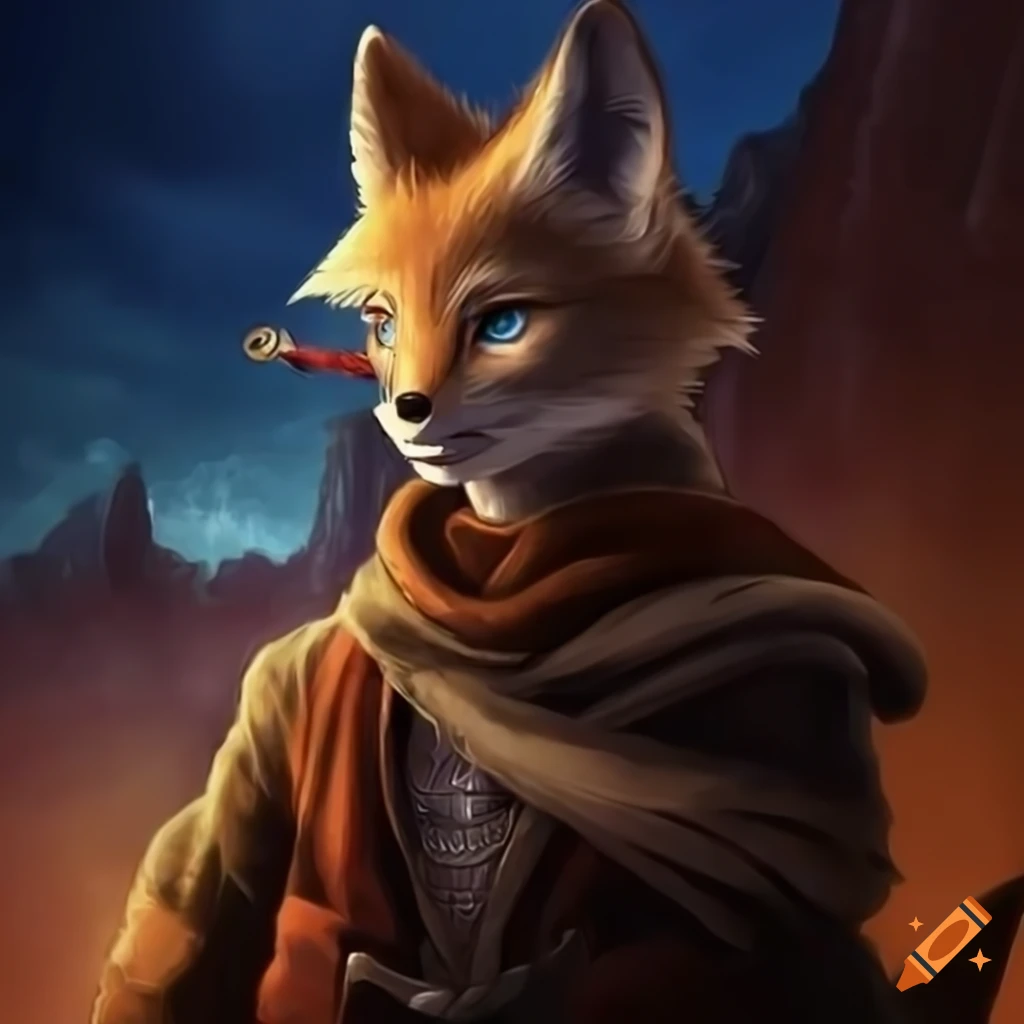 Fox dragon adventurer with blue eyes exploring a rocky canyon in ...