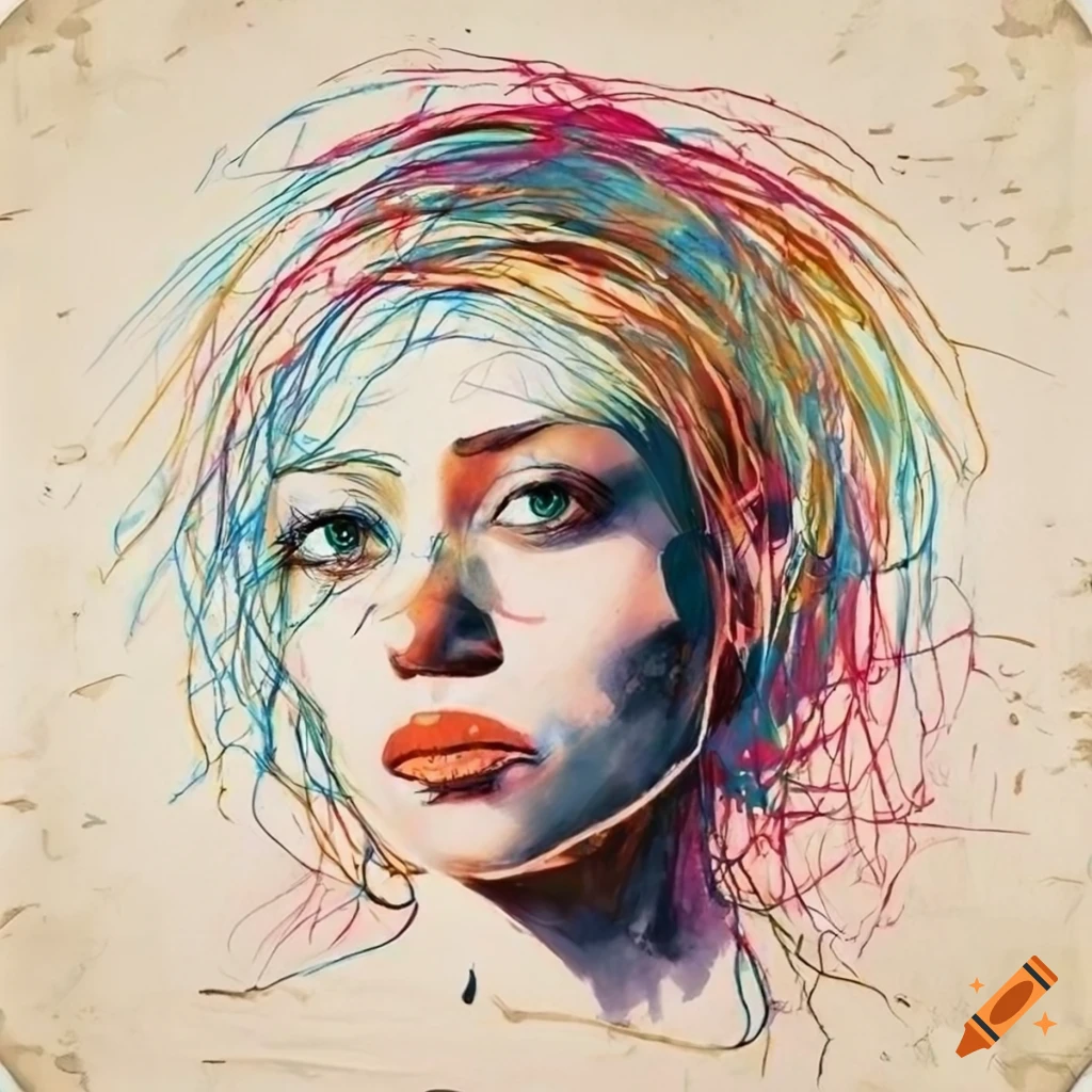 Portrait drawing on weathered paper in line art style on Craiyon