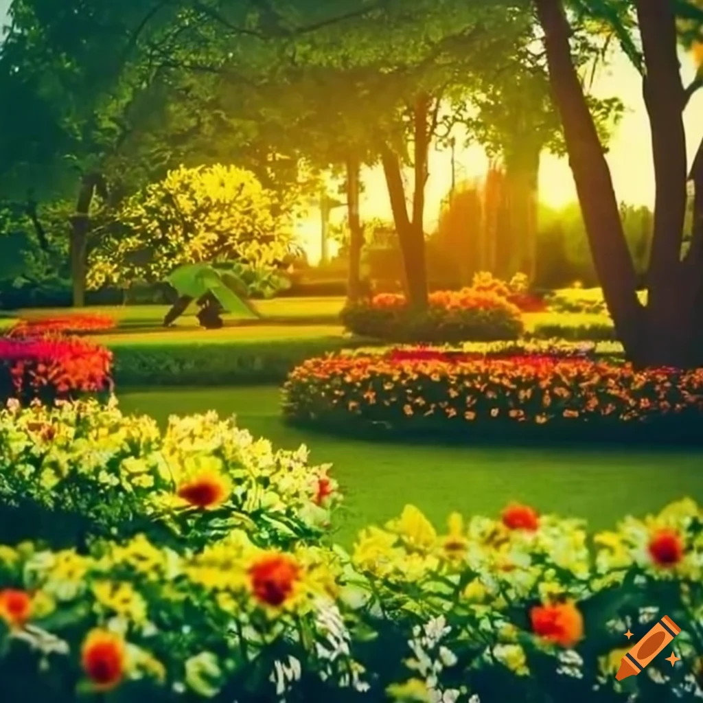 Beautiful garden with flowers, trees, and pathways during sunset on Craiyon