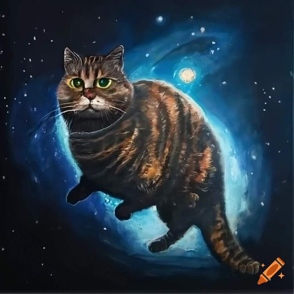 Giant cat-shaped spacecraft journeying through the cosmos in acrylic ...