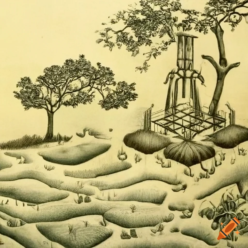 M.C. Escher waterfall detail with orchards, pastures, and wheat fields ...