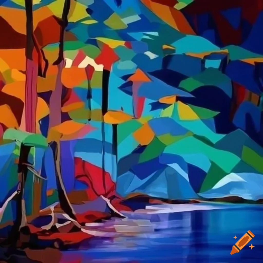 Pintura cubista con colores vivos del bosque patagónico andino on Craiyon