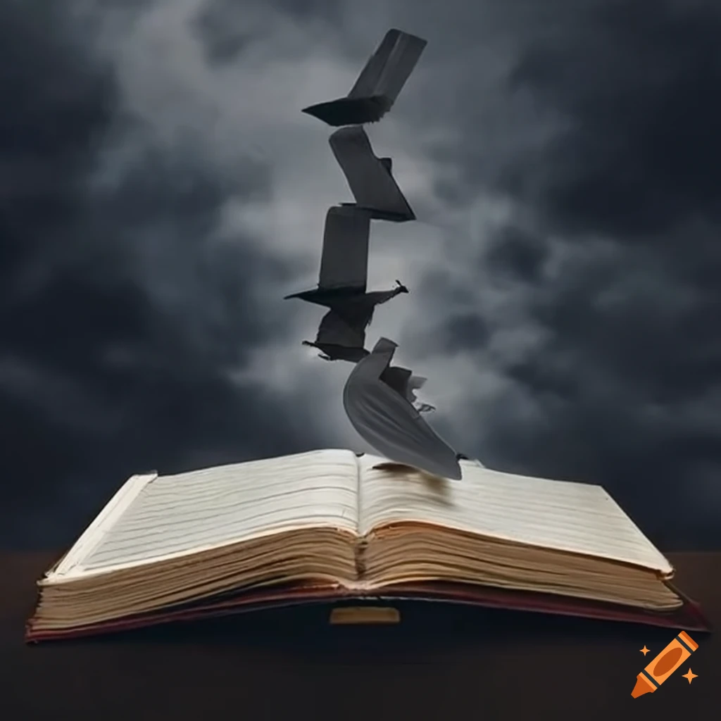 Books falling from a dark sky with grey clouds on Craiyon
