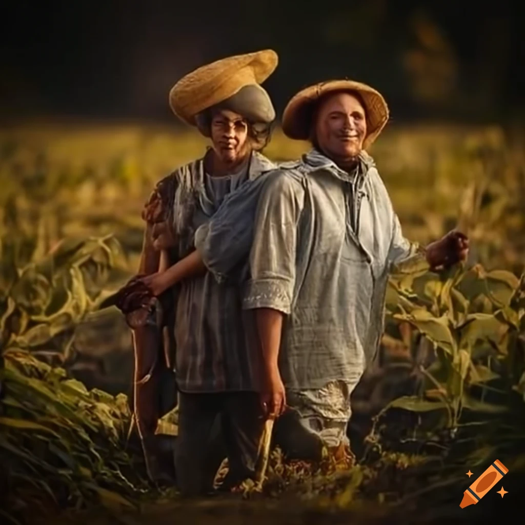 Farmers standing proudly among ripe crops on Craiyon