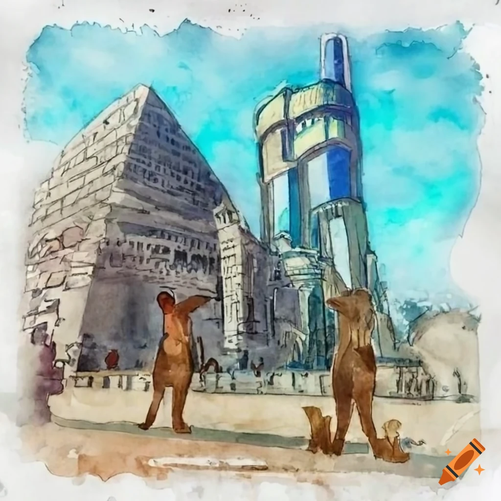 Anthropomorphic animals exploring a futuristic ancient egyptian city ...