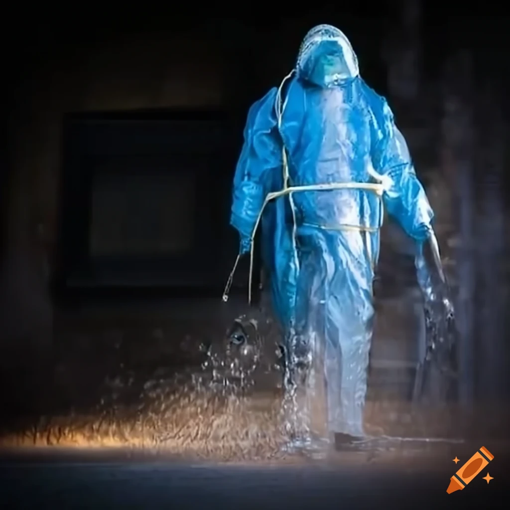 Person in industrial power washer suit spraying water on Craiyon