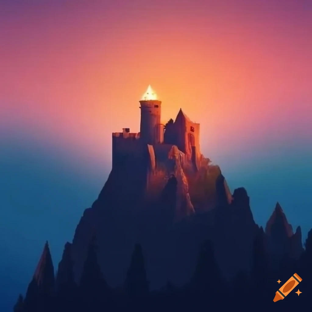 Castle of light on a hillside on a beautiful clear day on Craiyon