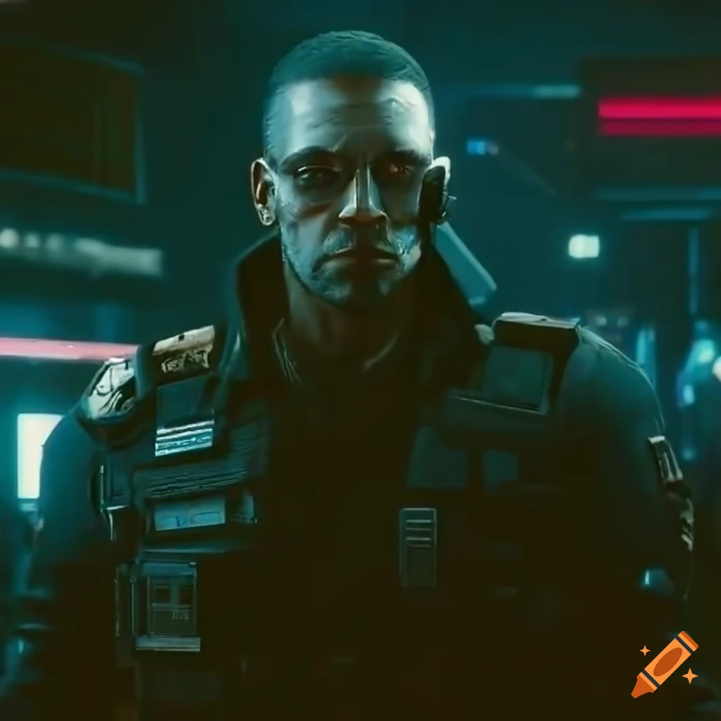 Corrupt cop in a cyberpunk setting in detroit on Craiyon