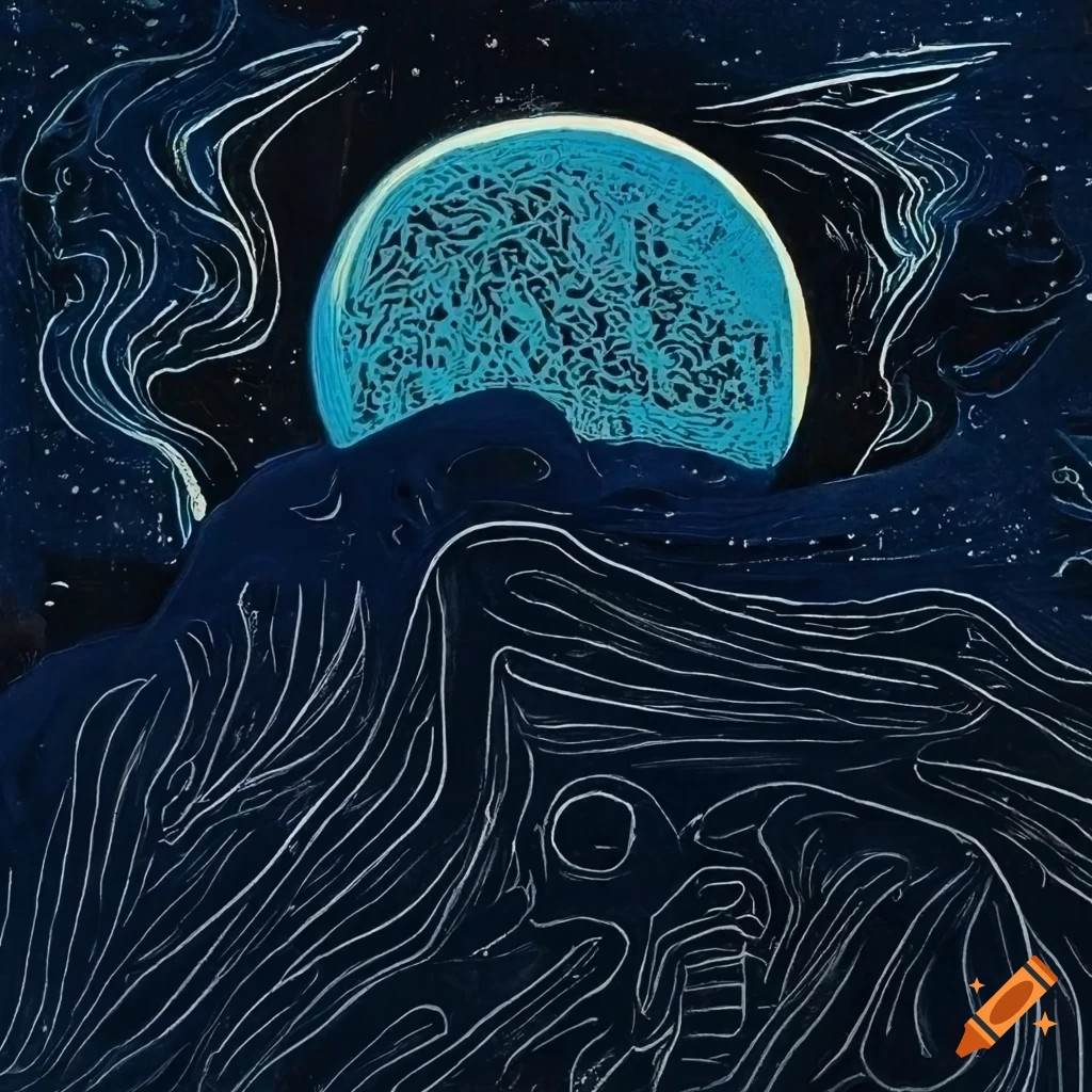 Non-realistic night sky in a lino print with surreal atmosphere inspired by dune on Craiyon