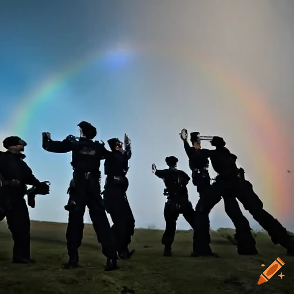 Police officers attempting to reach the rainbow in the sky on Craiyon