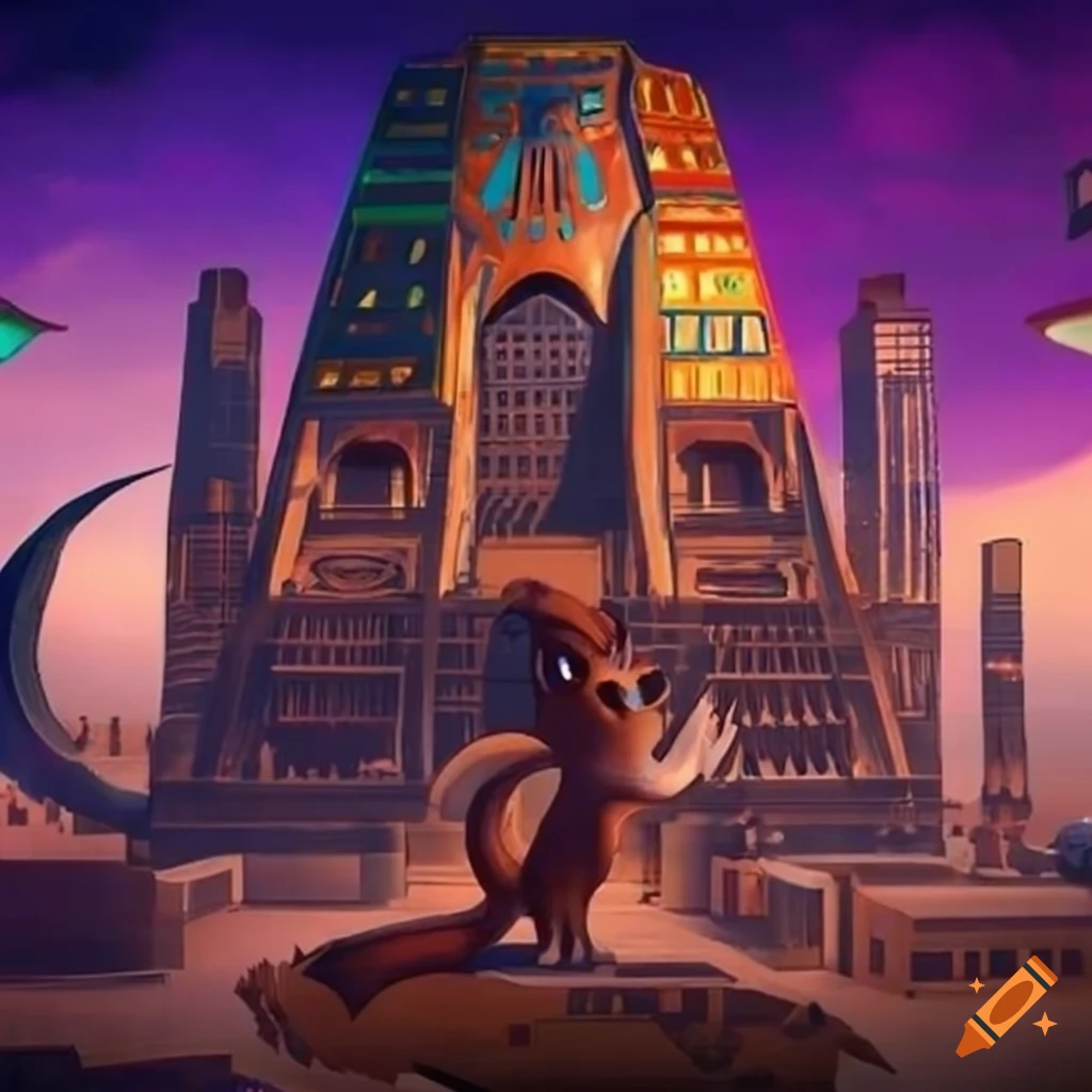 Anthro animals in a futuristic ancient Egyptian city with metal and ...