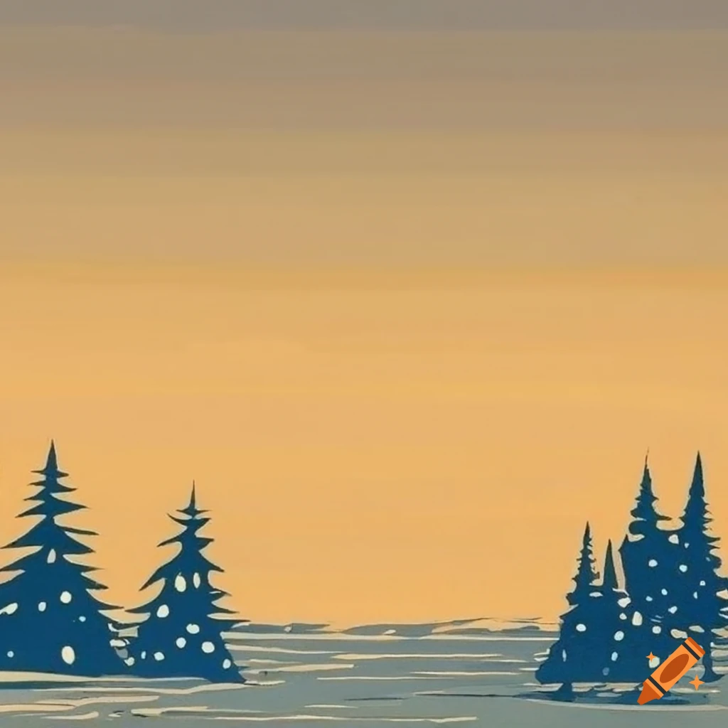 Minimal woodcut of winter scene with river and trees on Craiyon