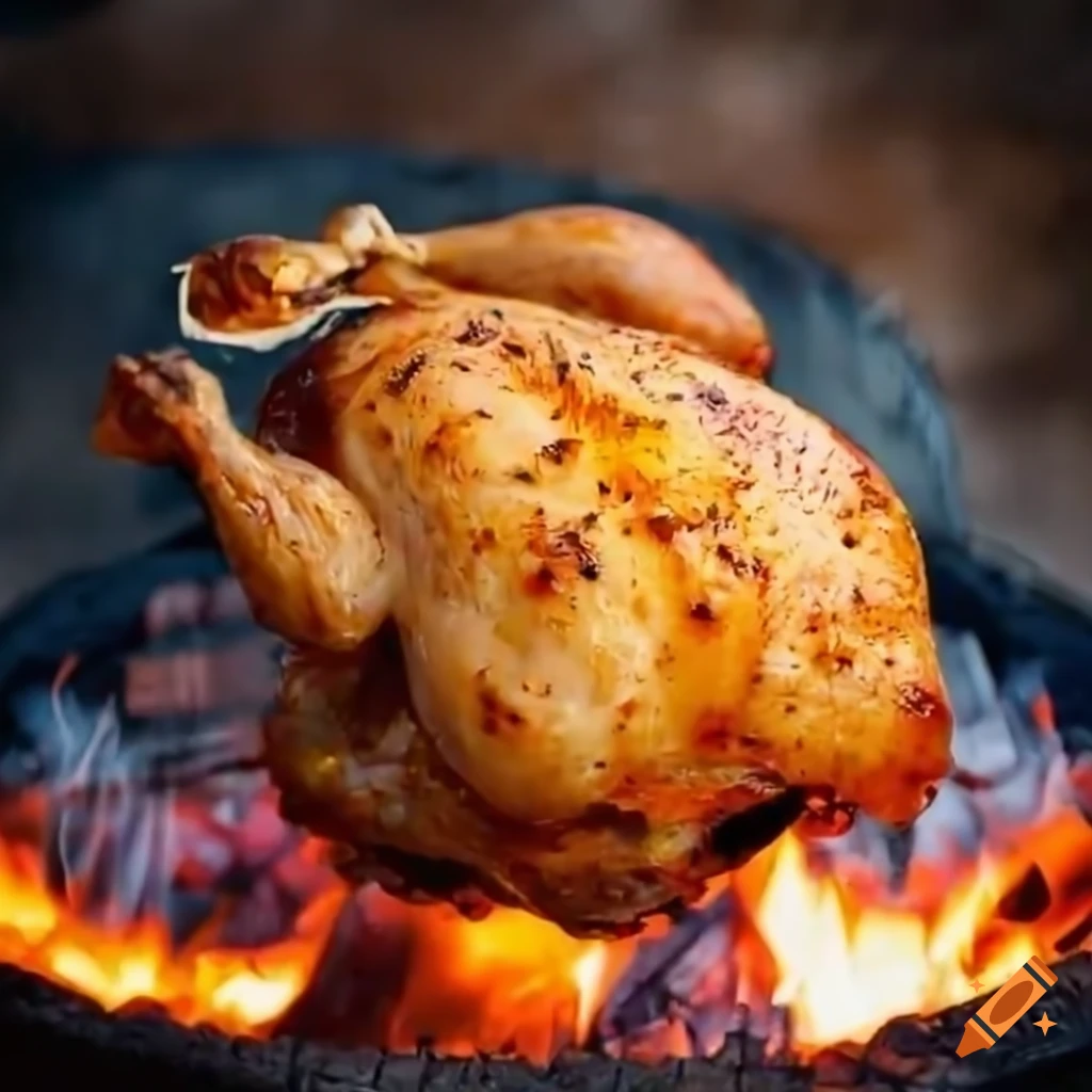 Savory chicken roast cooking over campfire with BBQ ingredients on Craiyon
