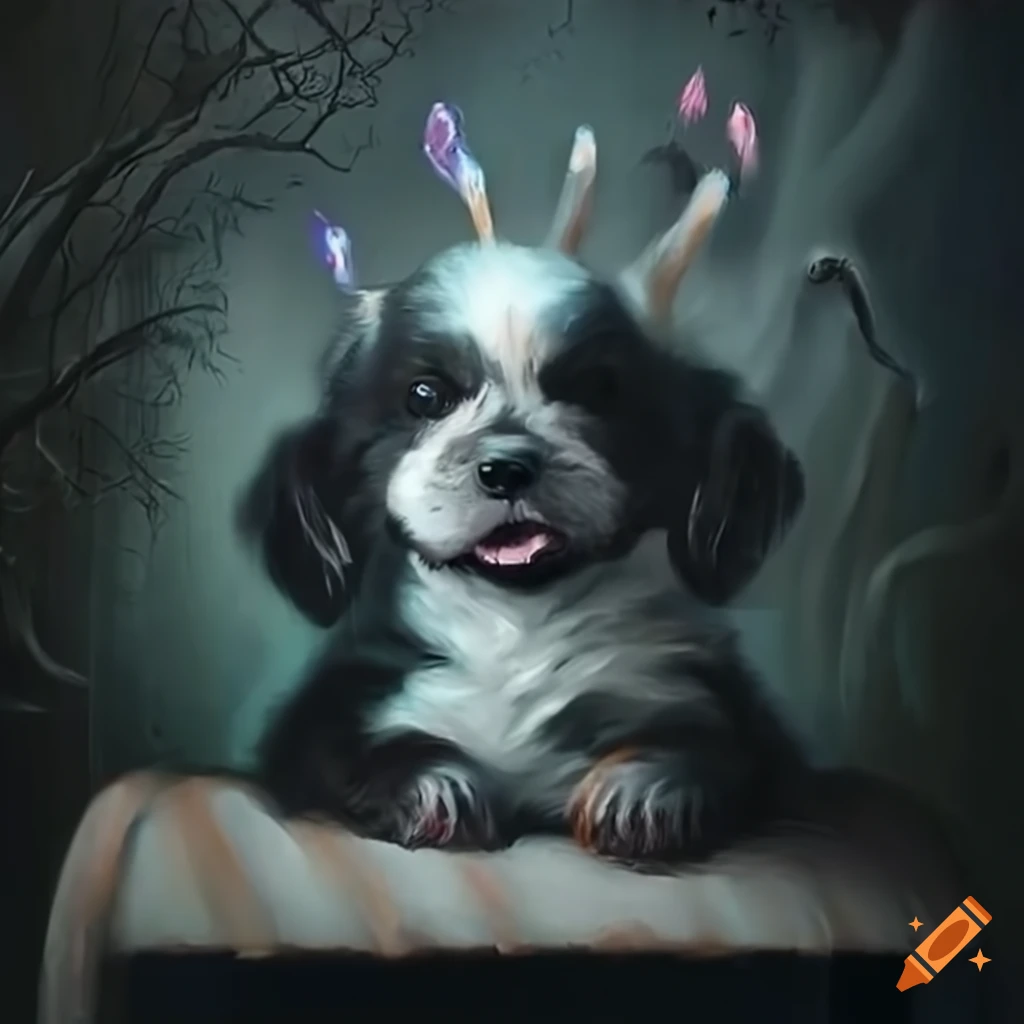 Close up portrait of the world's cutest puppy in a spooky forest on Craiyon