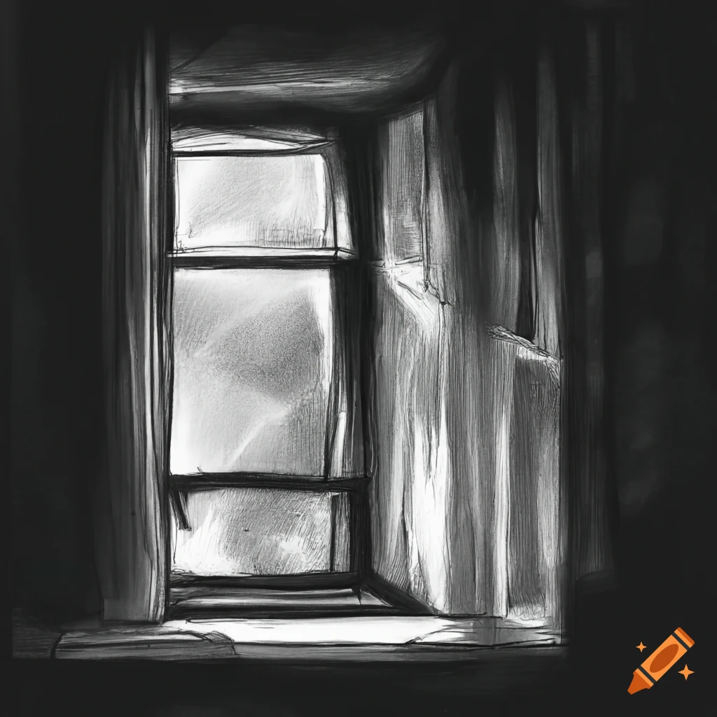 Sunlight streaming into a dark cottage room through an open window on ...