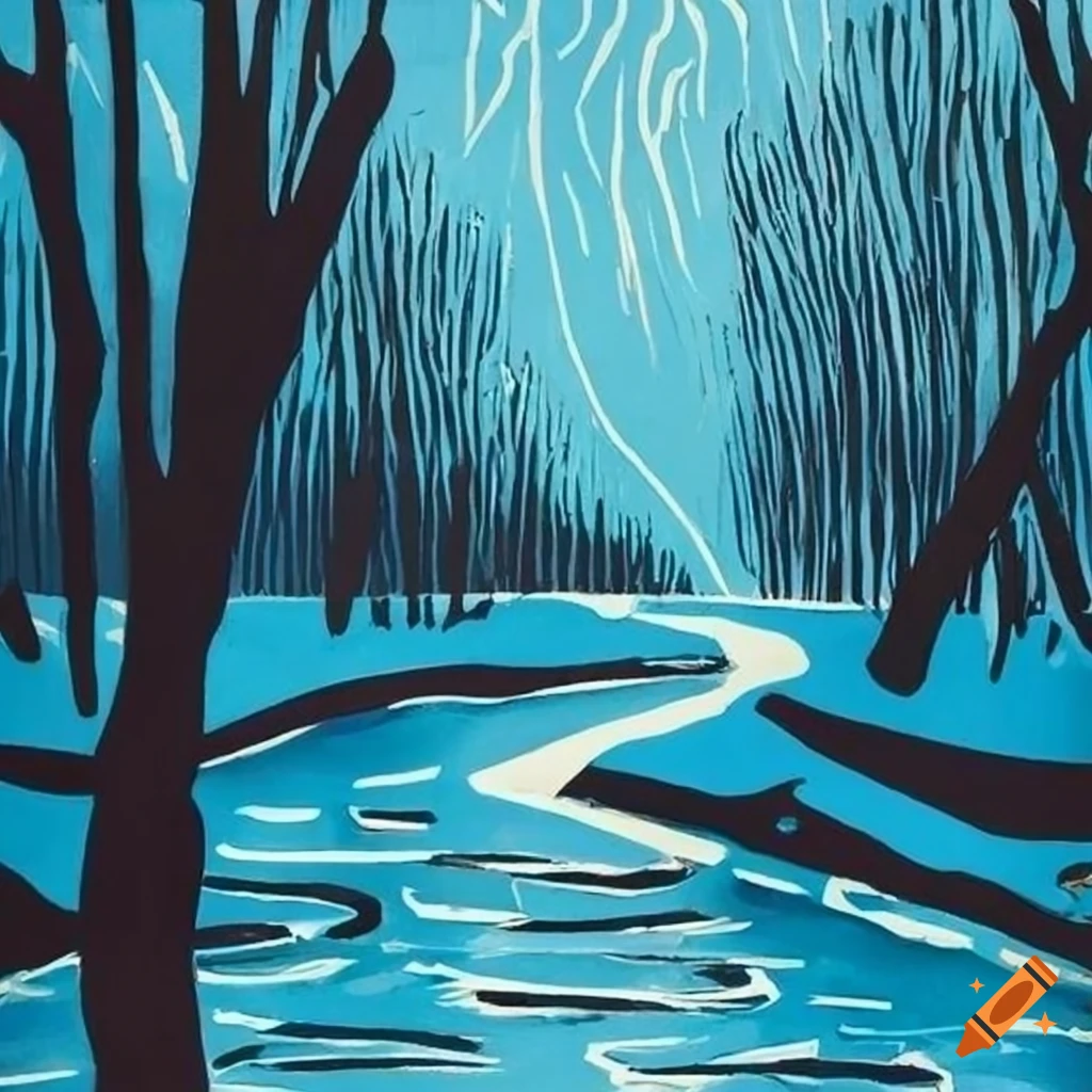 Matisse-inspired minimal linocut of trees by a river in winter on Craiyon