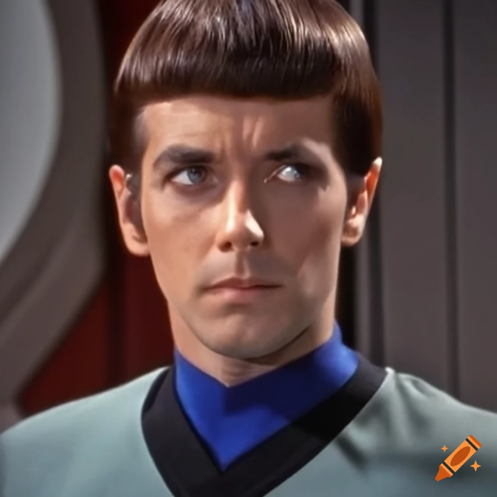 Vulcan character in Starfleet uniform, a doctor with dark hair and grey ...